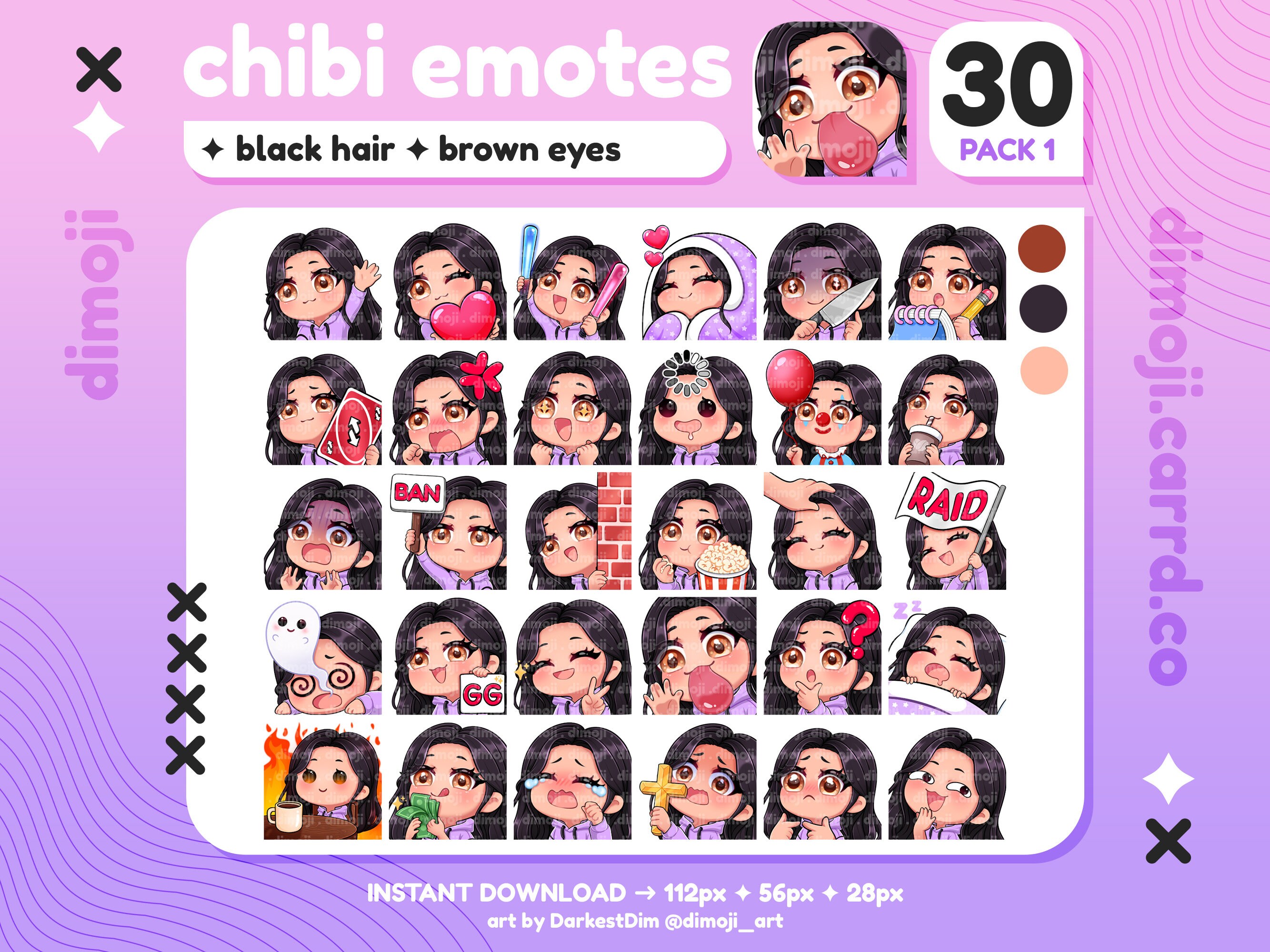 X30 Chibi Emotes EMOTE BUNDLE 1/3 Black Hair/brown Eyes/tan Skin Twitch ...