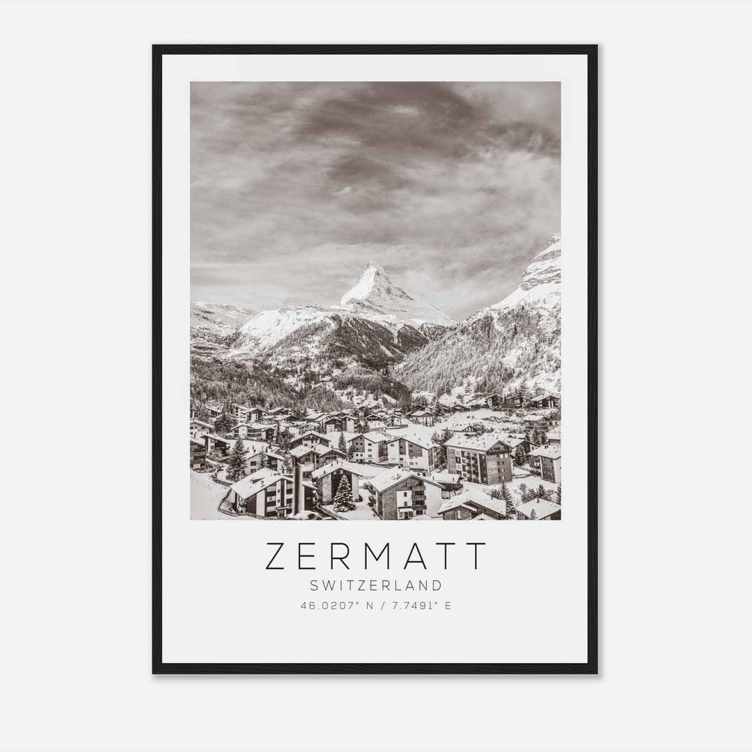 Zermatt Switzerland Travel Photo Poster BW, Zermatt Travel Print ...