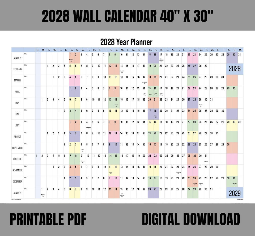 2028 Wall Calendar: Large Printable Year Planner (40x30in, PDF, HQ) - Etsy
