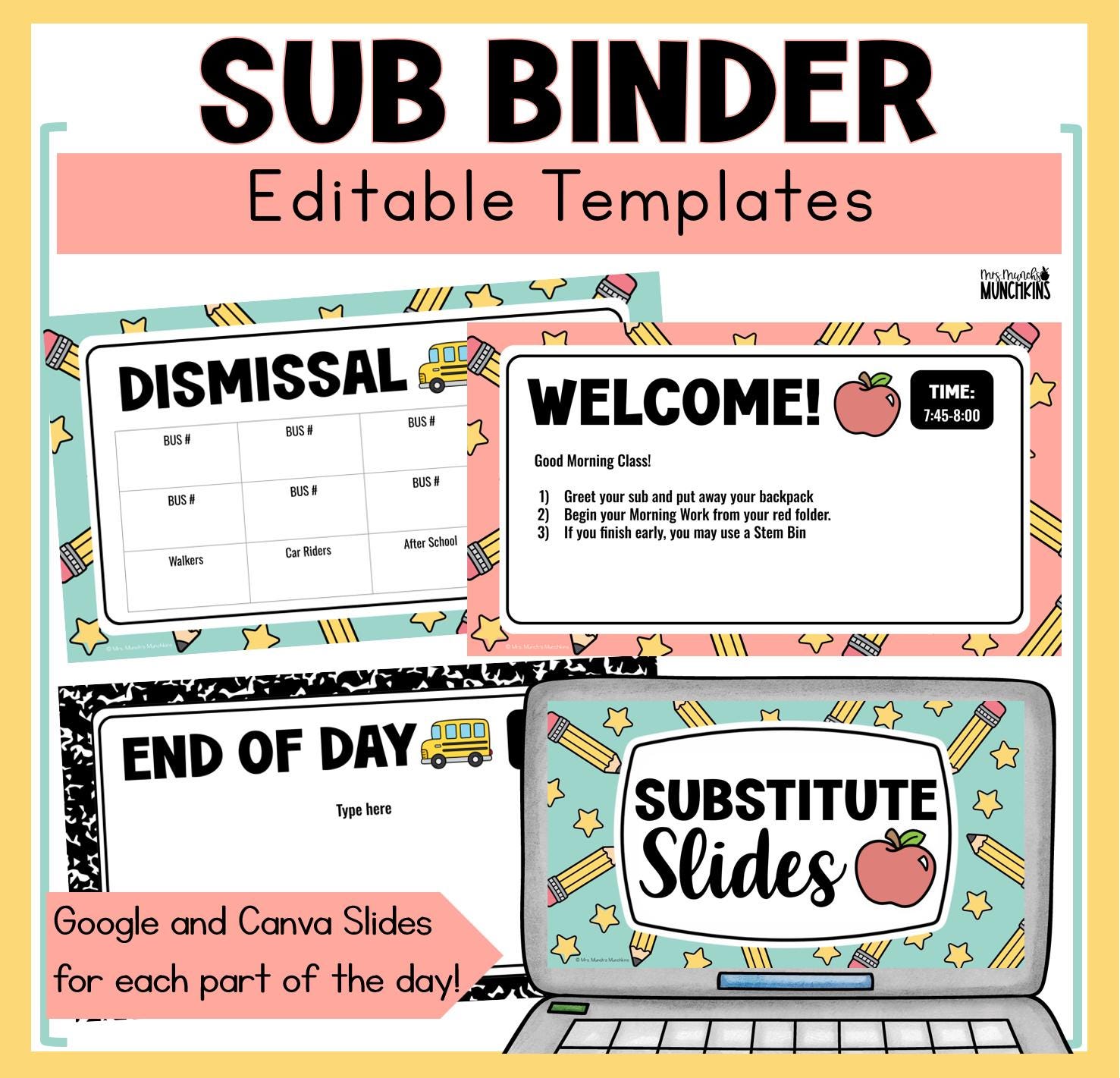 Classroom Sub Binder Editable Teacher Templates Substitute Plan ...