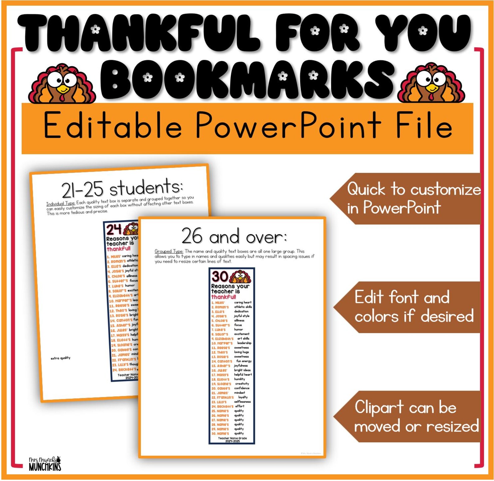 Reasons Your Teacher is Thankful Bookmarks Class Gift Editable ...