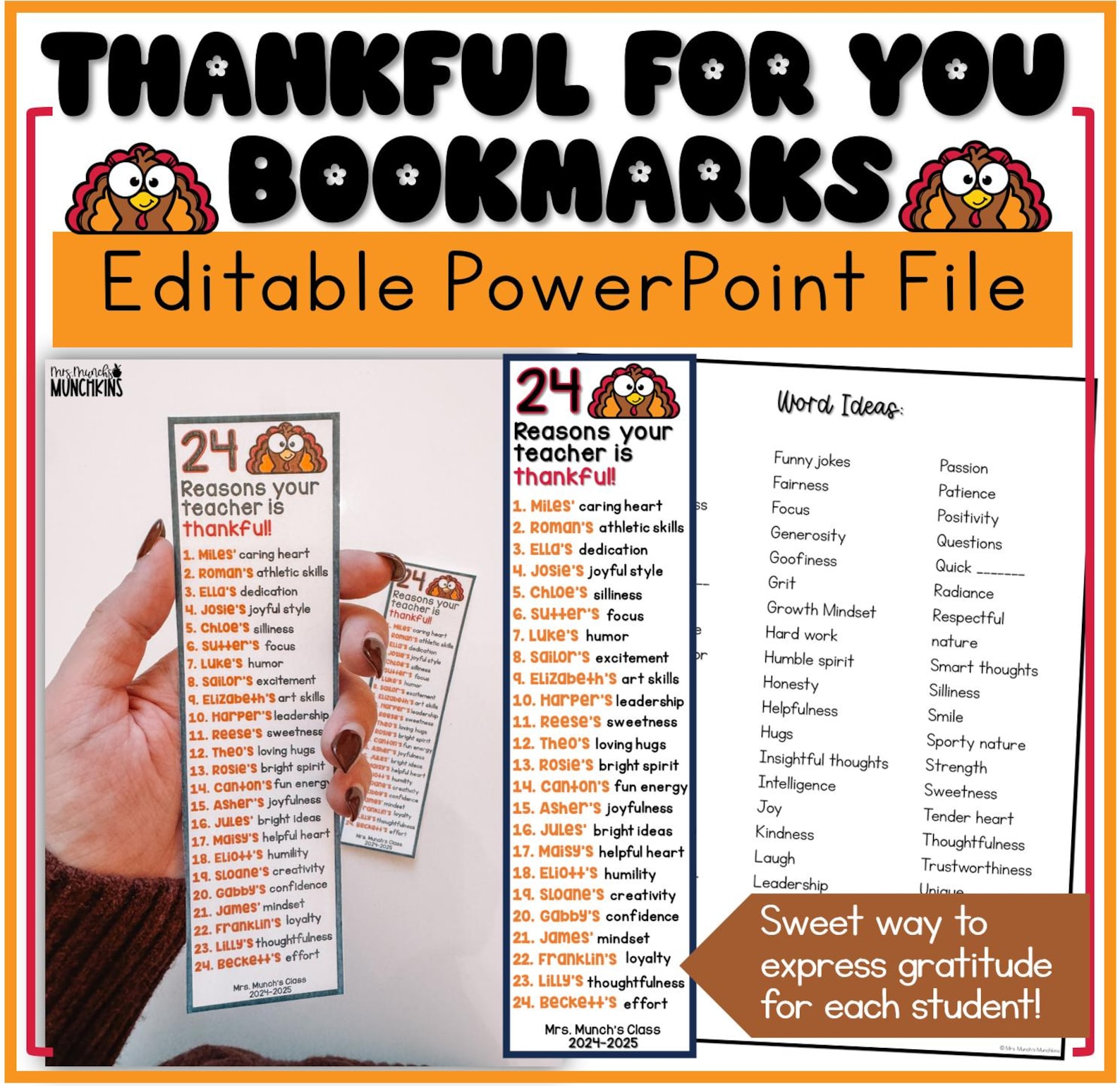 Reasons Your Teacher is Thankful Bookmarks Class Gift Editable ...