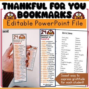 Reasons Your Teacher is Thankful Bookmarks Class Gift Editable ...