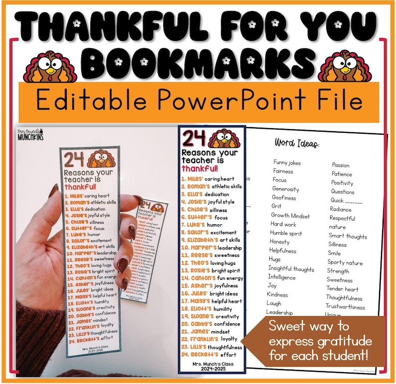 Reasons Your Teacher is Thankful Bookmarks Class Gift Editable ...