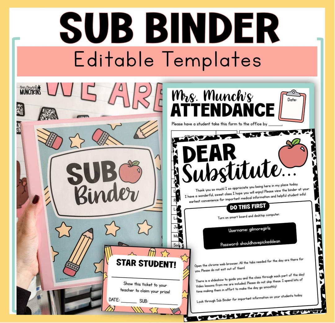Classroom Sub Binder Editable Teacher Templates Substitute Plan ...
