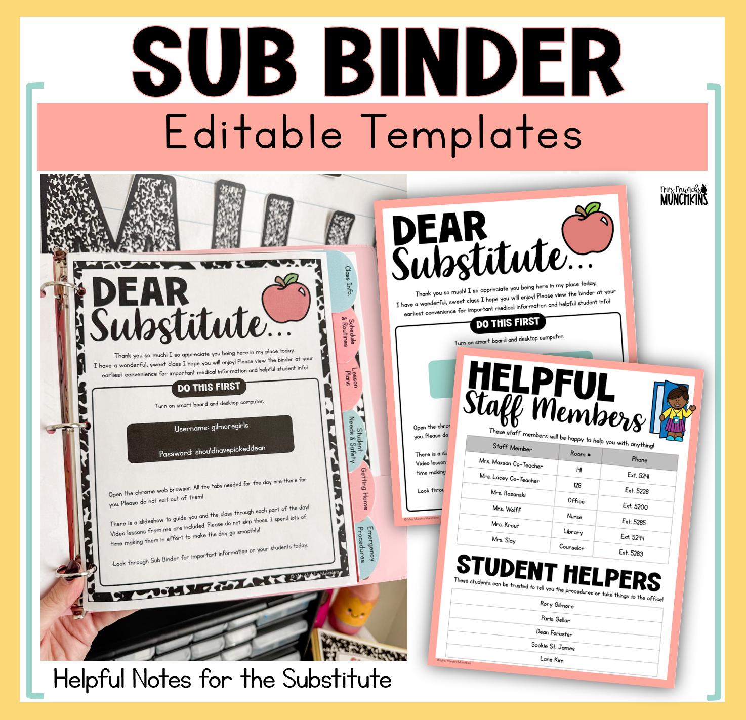 Classroom Sub Binder Editable Teacher Templates Substitute Plan ...