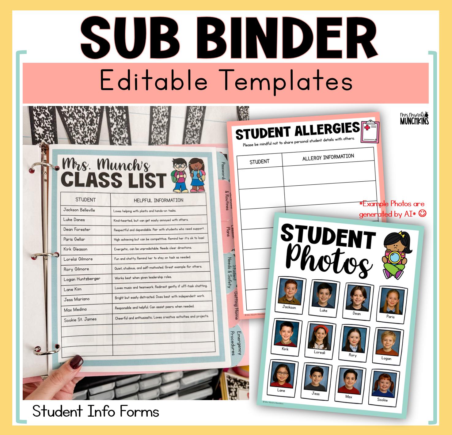 Classroom Sub Binder Editable Teacher Templates Substitute Plan ...