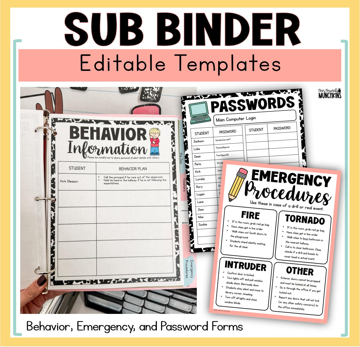 Classroom Sub Binder Editable Teacher Templates Substitute Plan ...