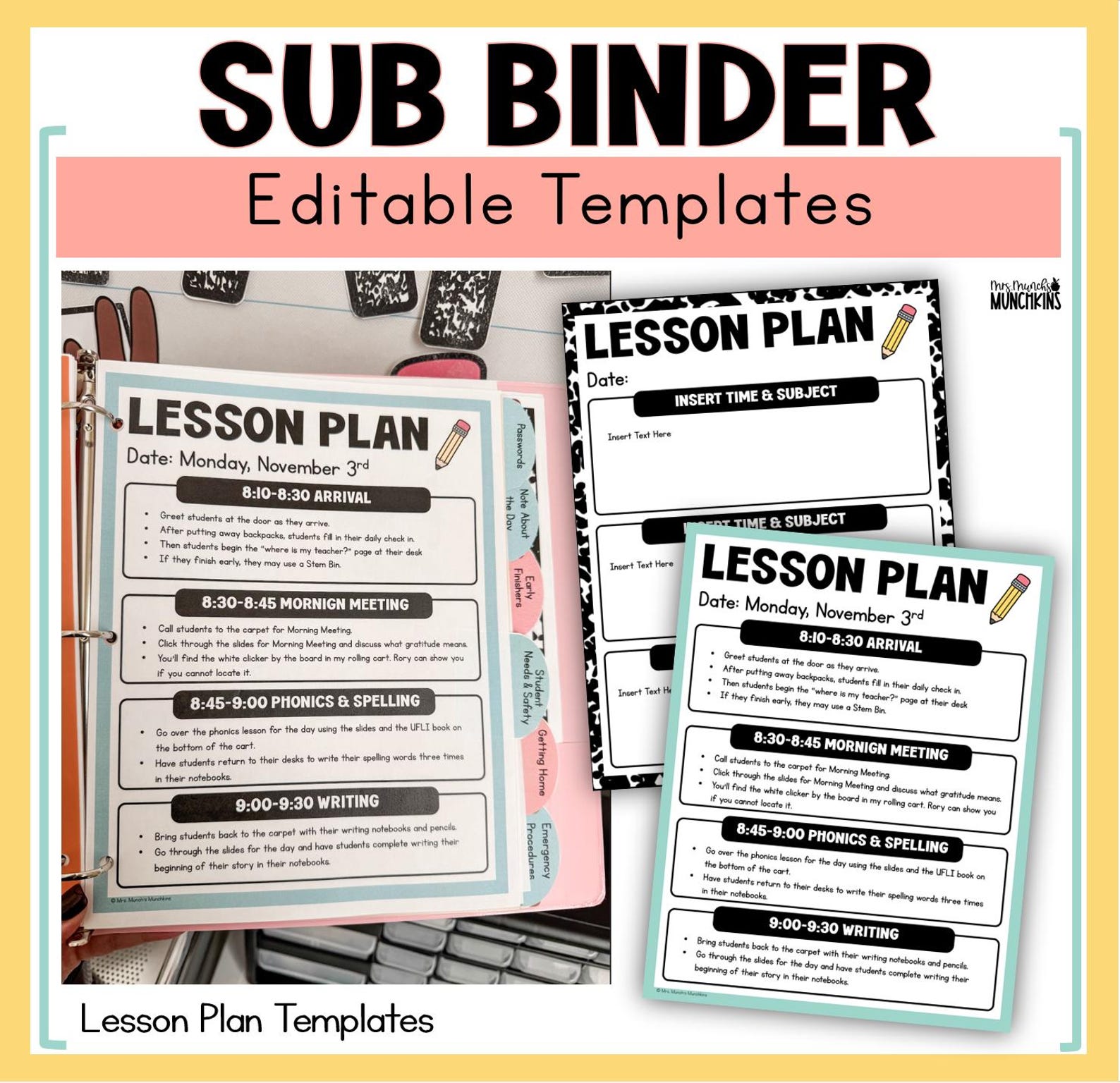 Classroom Sub Binder Editable Teacher Templates Substitute Plan ...