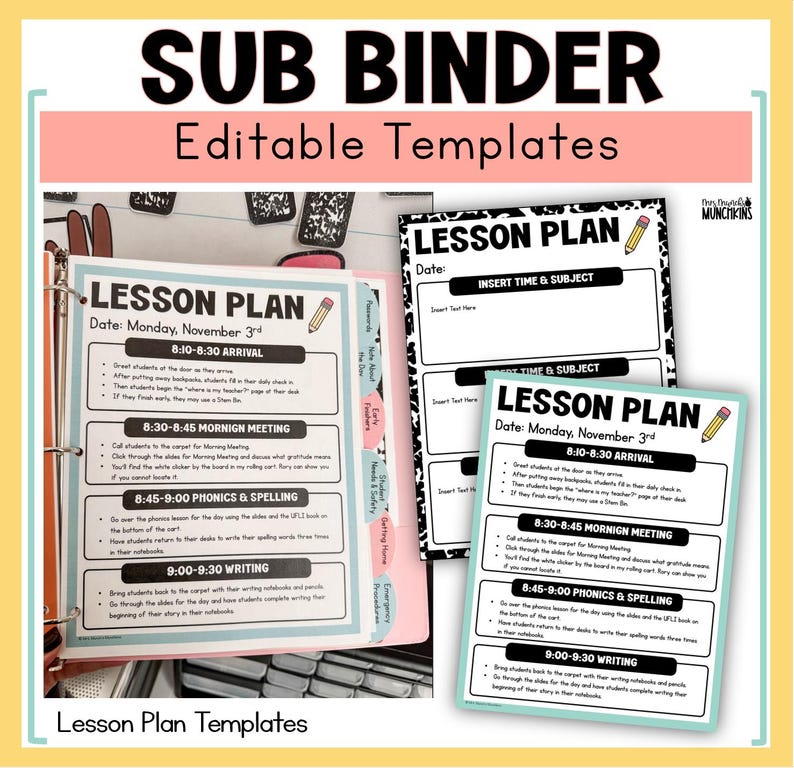 Classroom Sub Binder Editable Teacher Templates Substitute Plan ...