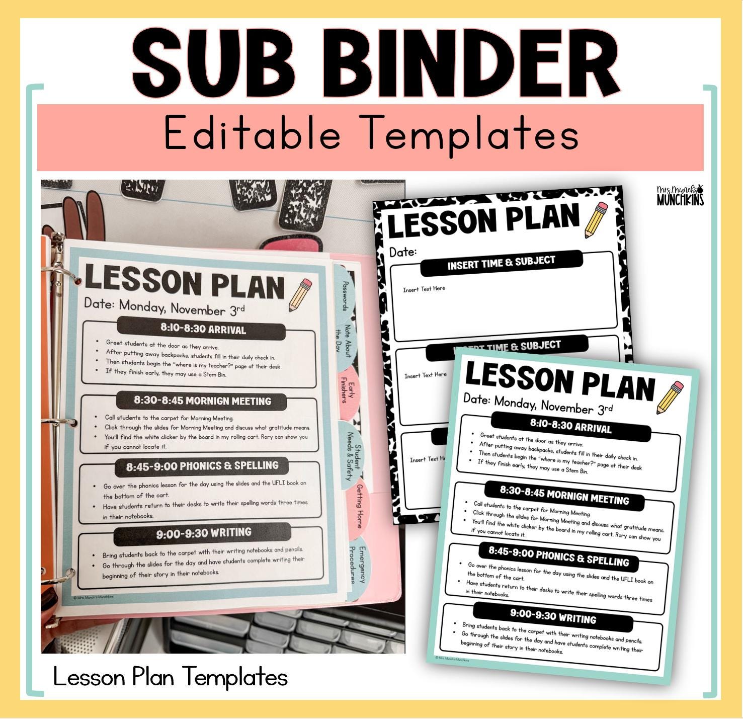 Classroom Sub Binder Editable Teacher Templates Substitute Plan ...