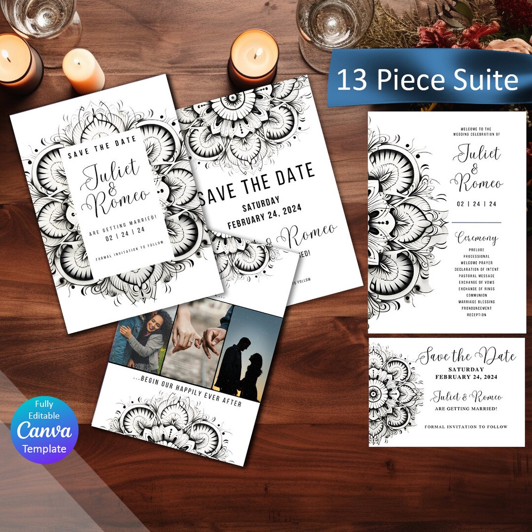 B+W Mandala Ink Wedding Invitation Template, Printable (invite, STD ...