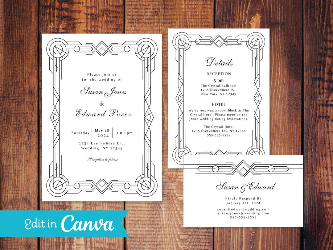 White Art Deco Design Wedding Invitation, RSVP, Invite Suite ...