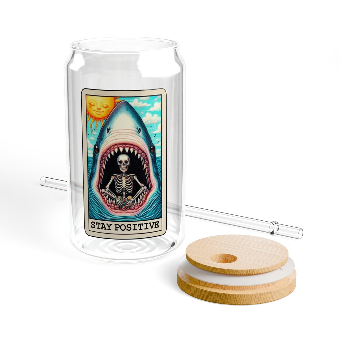 Stay Positive Funny Tarot Card Glass Can Cup, Skeleton Tarot, Funny ...