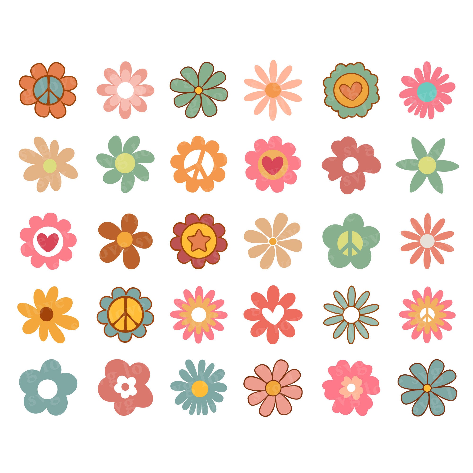 Groovy Flower SVG PNG DXF Bundle Retro Flower Svg Groovy Flowers Svg Vintage Flowers Svg Boho ...