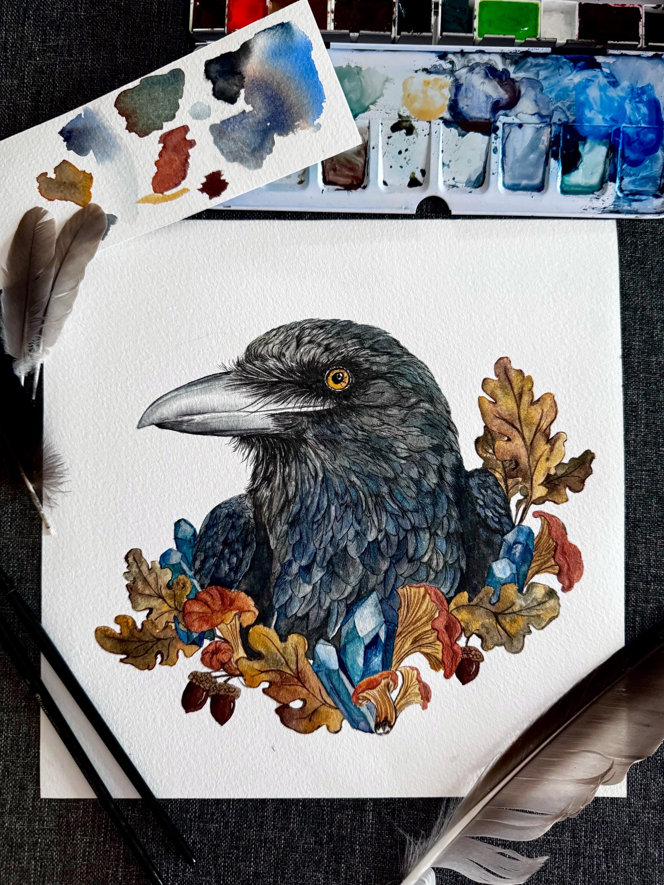 Original Watercolour Illustration of a Crow Framed by Oak Leaves ...