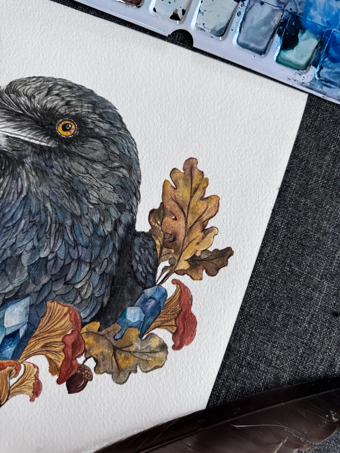 Original Watercolour Illustration of a Crow Framed by Oak Leaves ...