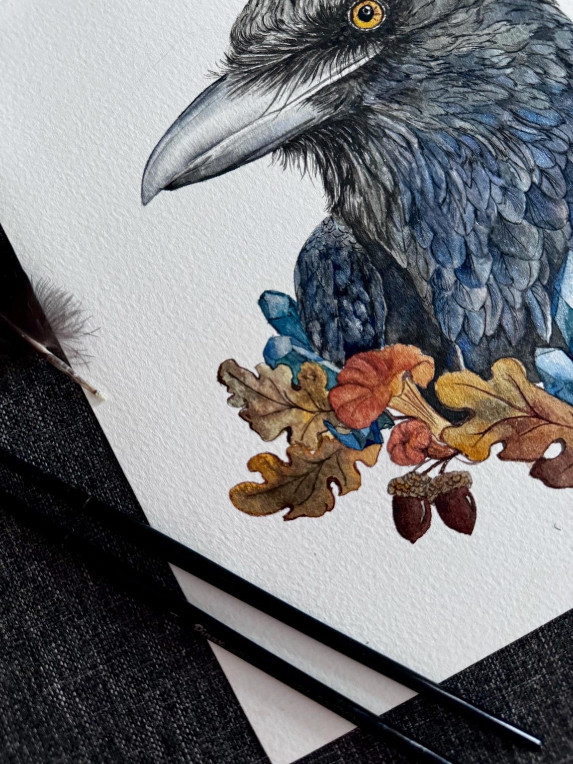 Original Watercolour Illustration of a Crow Framed by Oak Leaves ...