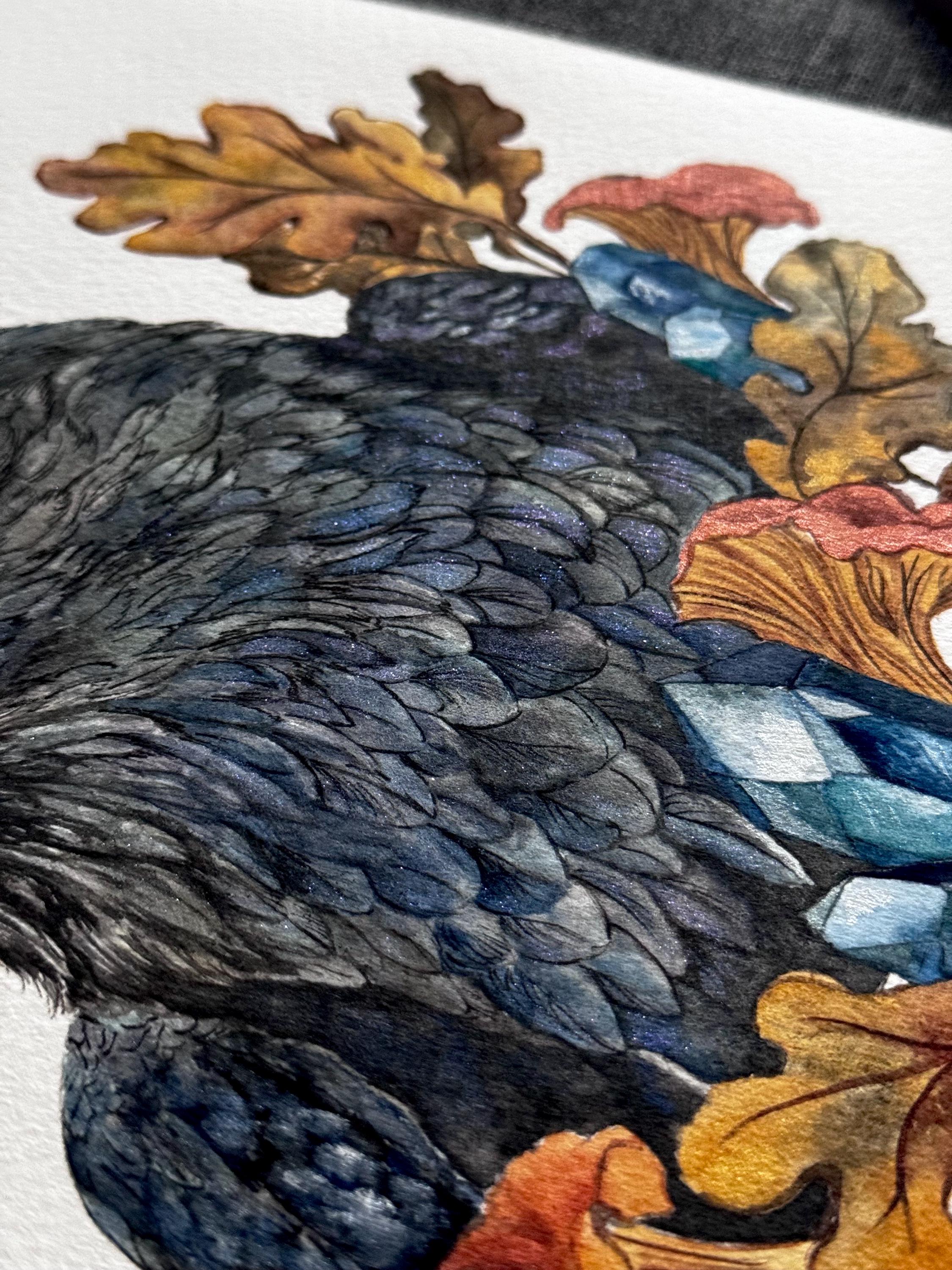 Original Watercolour Illustration of a Crow Framed by Oak Leaves ...
