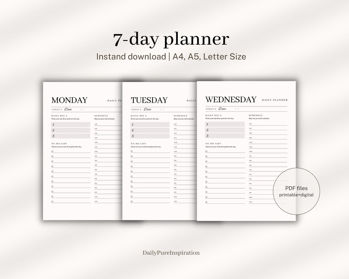 7 Day Planner, Daily Planner, Printable Digital Planner, to Do List ...