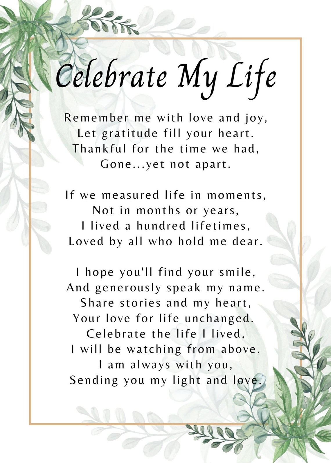 Celebrate My Life Poem with Greenery - Etsy Celebrate My Life Poem with Greenery - Etsy