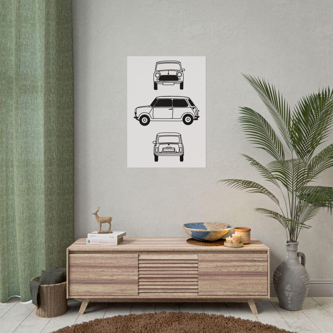 Mini Cooper Blueprint Poster - Classic British Retro Car Art - Front ...