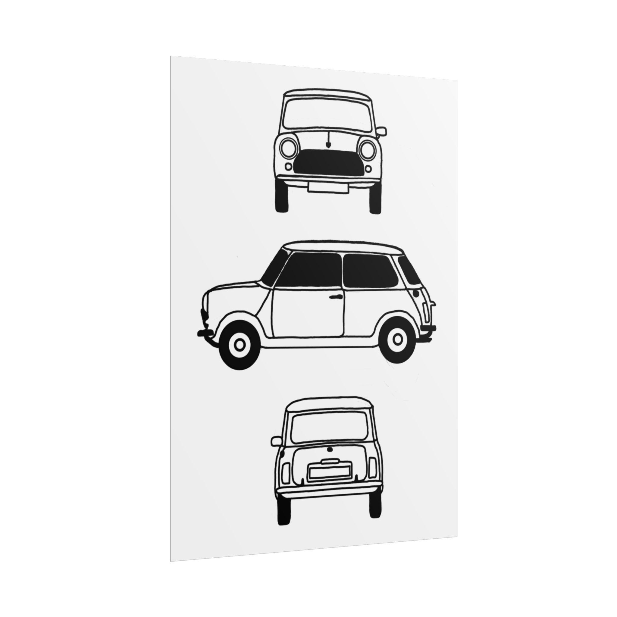 Mini Cooper Blueprint Poster - Classic British Retro Car Art - Front ...