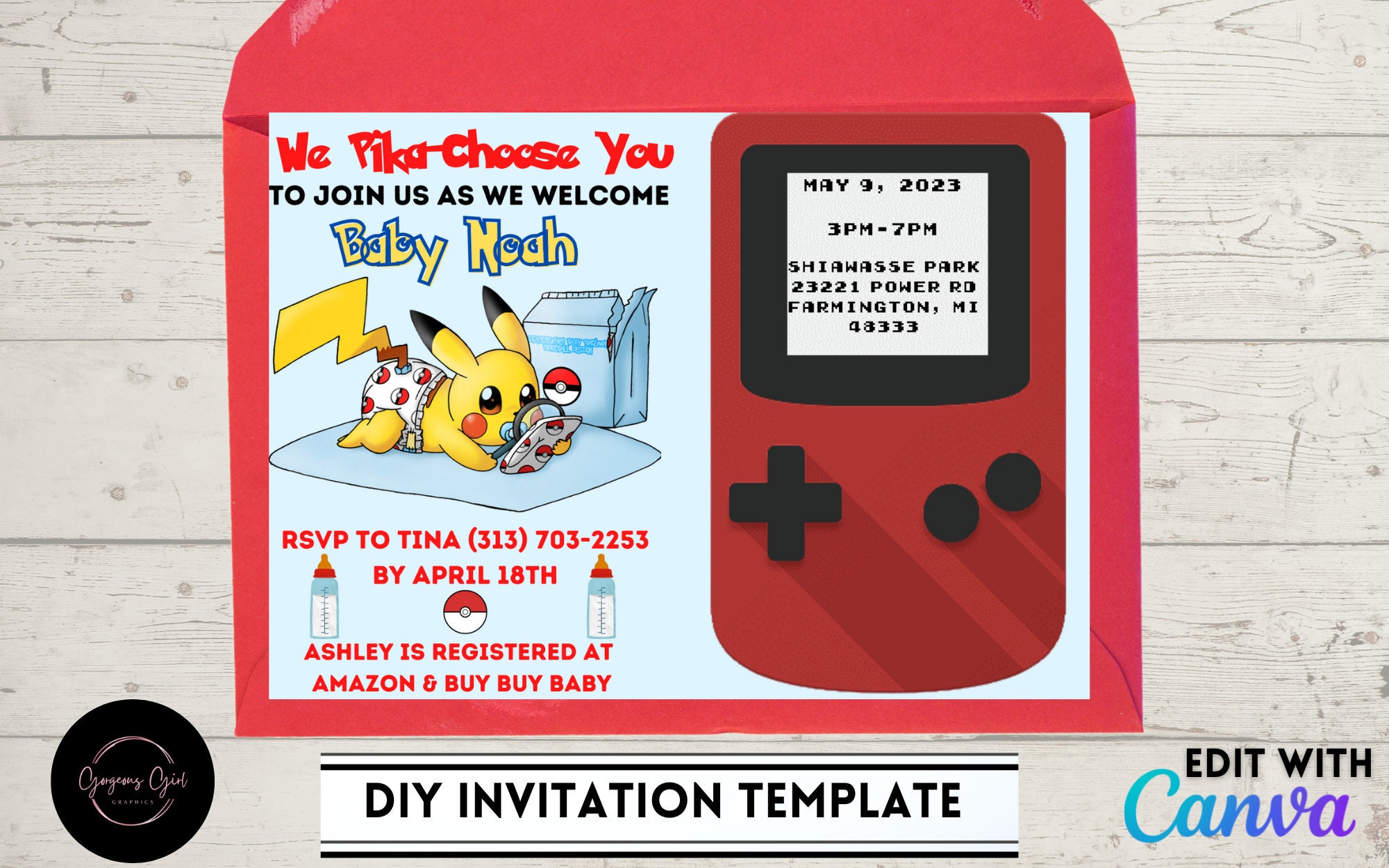 DIY Pikachu Baby Shower Invitation, Pokemon Invitation, Baby Shower ...