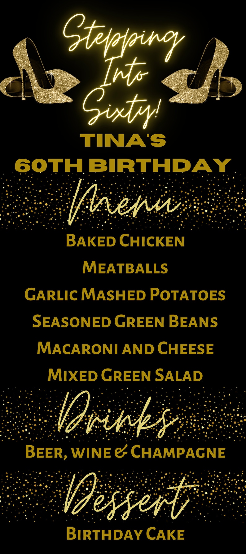 Stepping Into Sixty 60th Birthday Food Menu, Black and Gold Food Menu ...