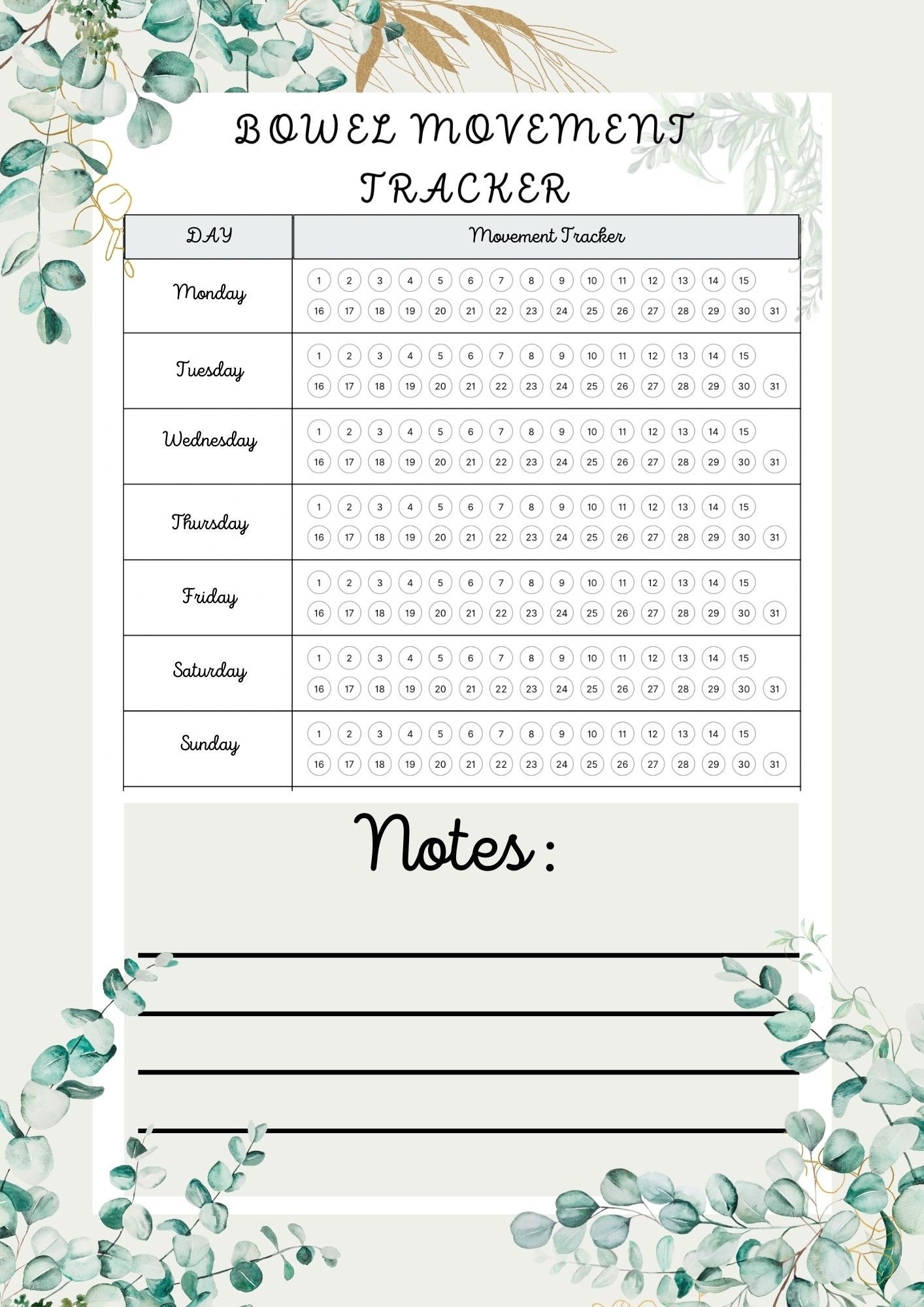Weekly Bowel Movement Tracker, Printable Planner - Etsy