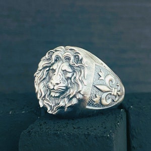 Lion Men's Ring, Zodiac Leo Signet Ring for Men, 3D Lion Head Ring ...