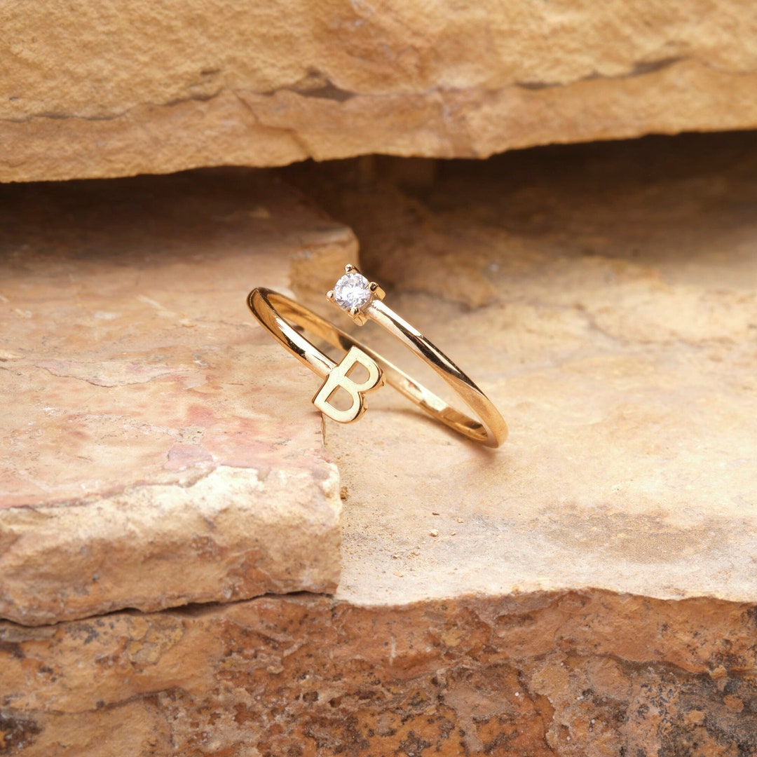 14K Solid Gold Letter Ring,initial Gold Ring,letter Ring,stackable Gold ...
