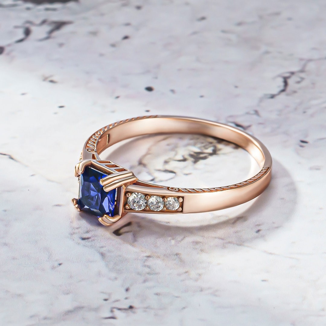 Blue Square Gemstone Ring, Rose Gold Plated Sterling Silver Ring, 925 ...