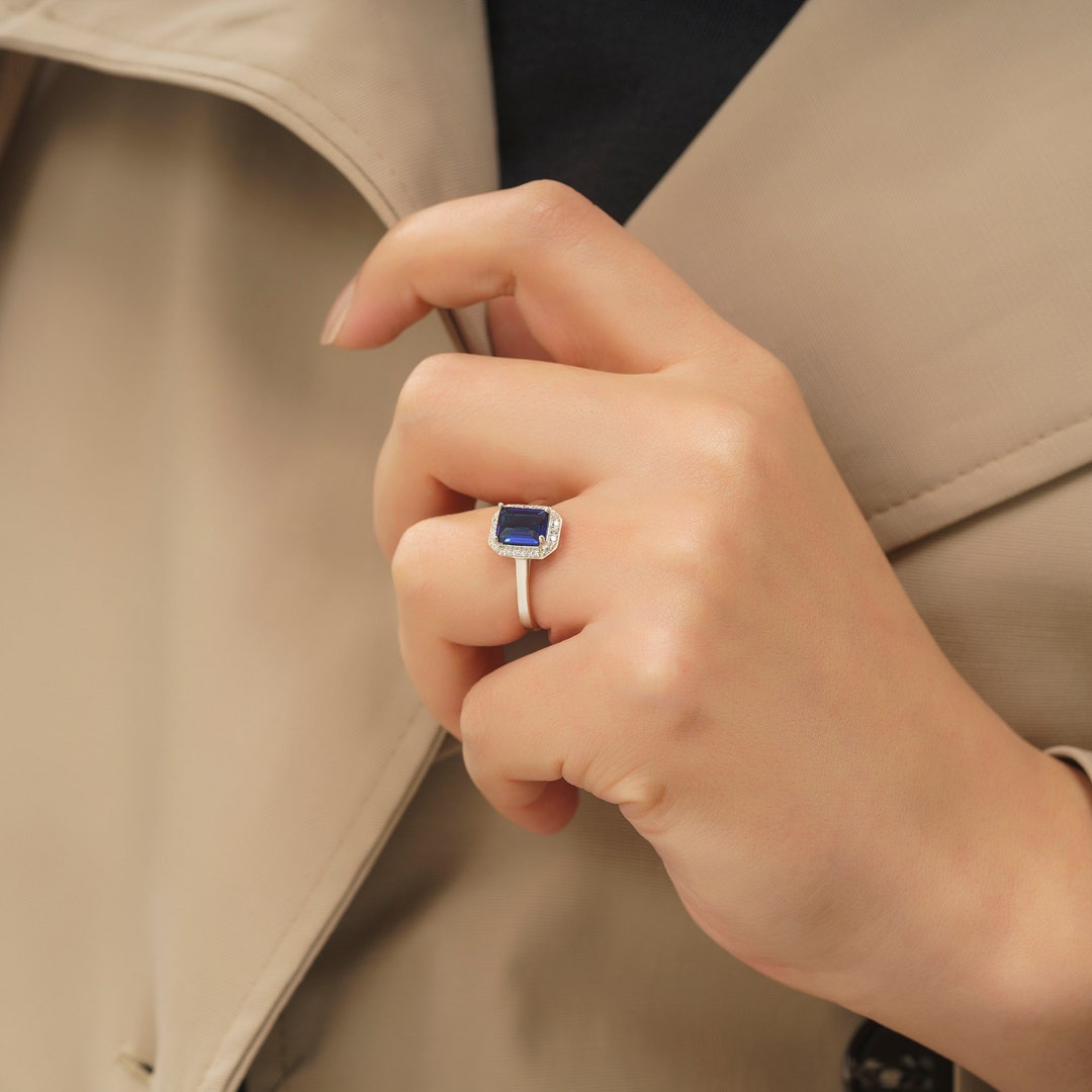 Blue Octagon Gemstone Ring, 925 Sterling Silver Women Ring, Modern ...