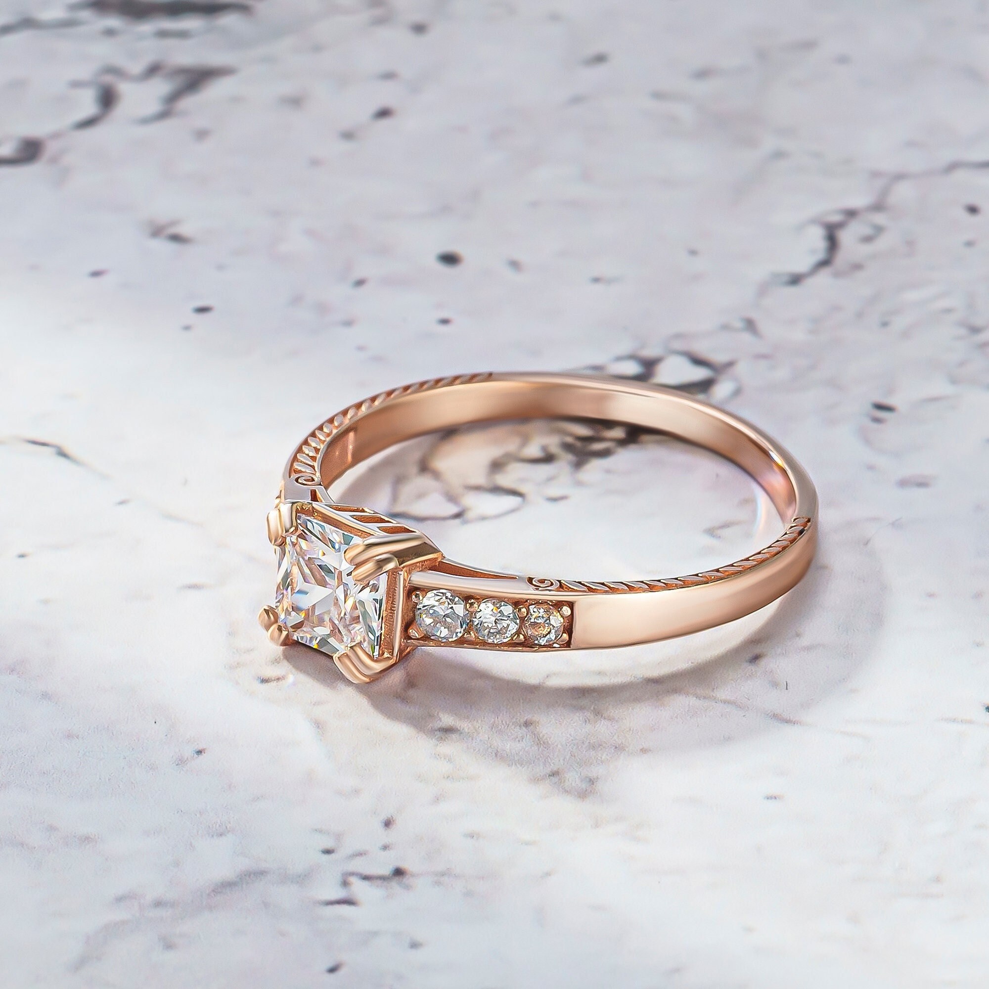 White Square Gemstone Ring Rose Gold Plated Sterling Silver - Etsy