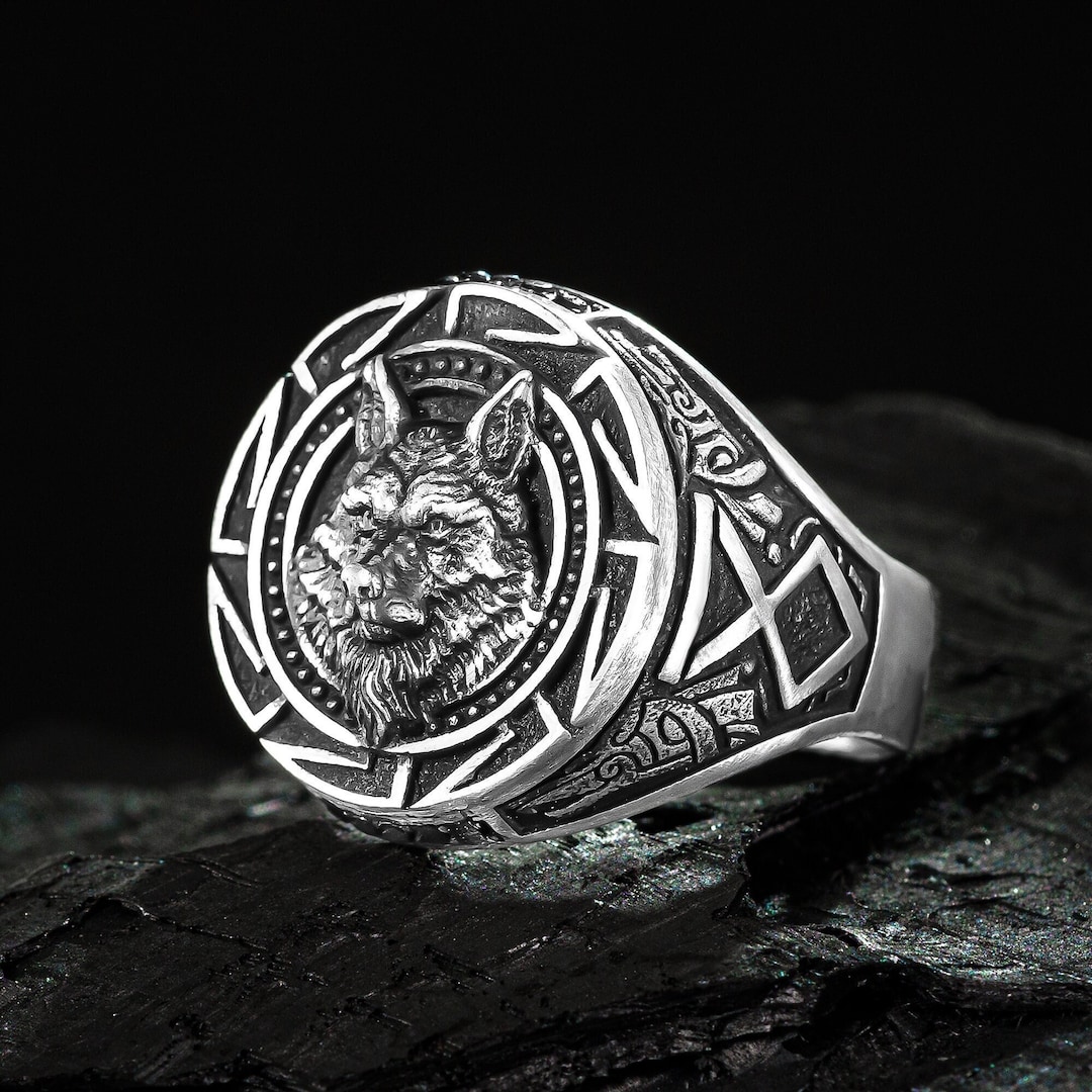 Wolf Handmade Sterling Silver Men Signet Ring, Oxidized Mens Signet ...