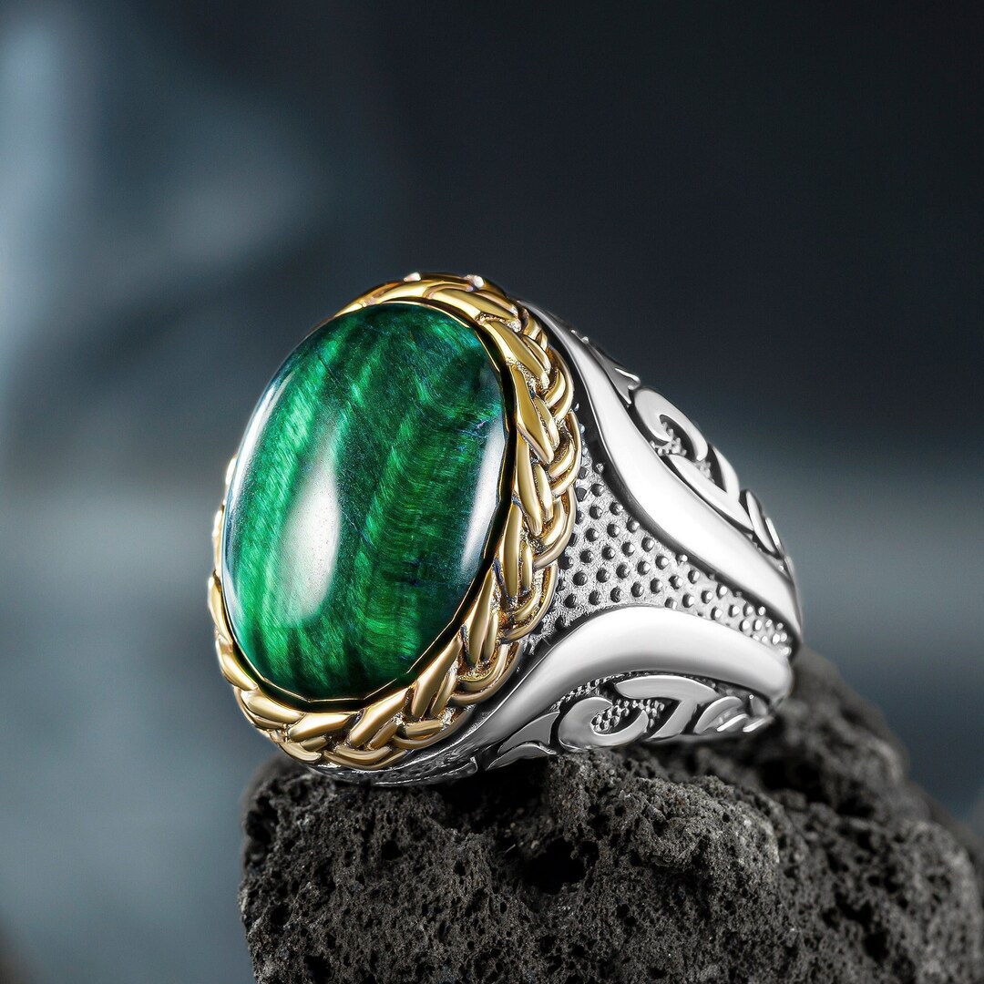 Green Tiger's Eye Mens Ring, 925 Sterling Silver Men Ring, Oval ...