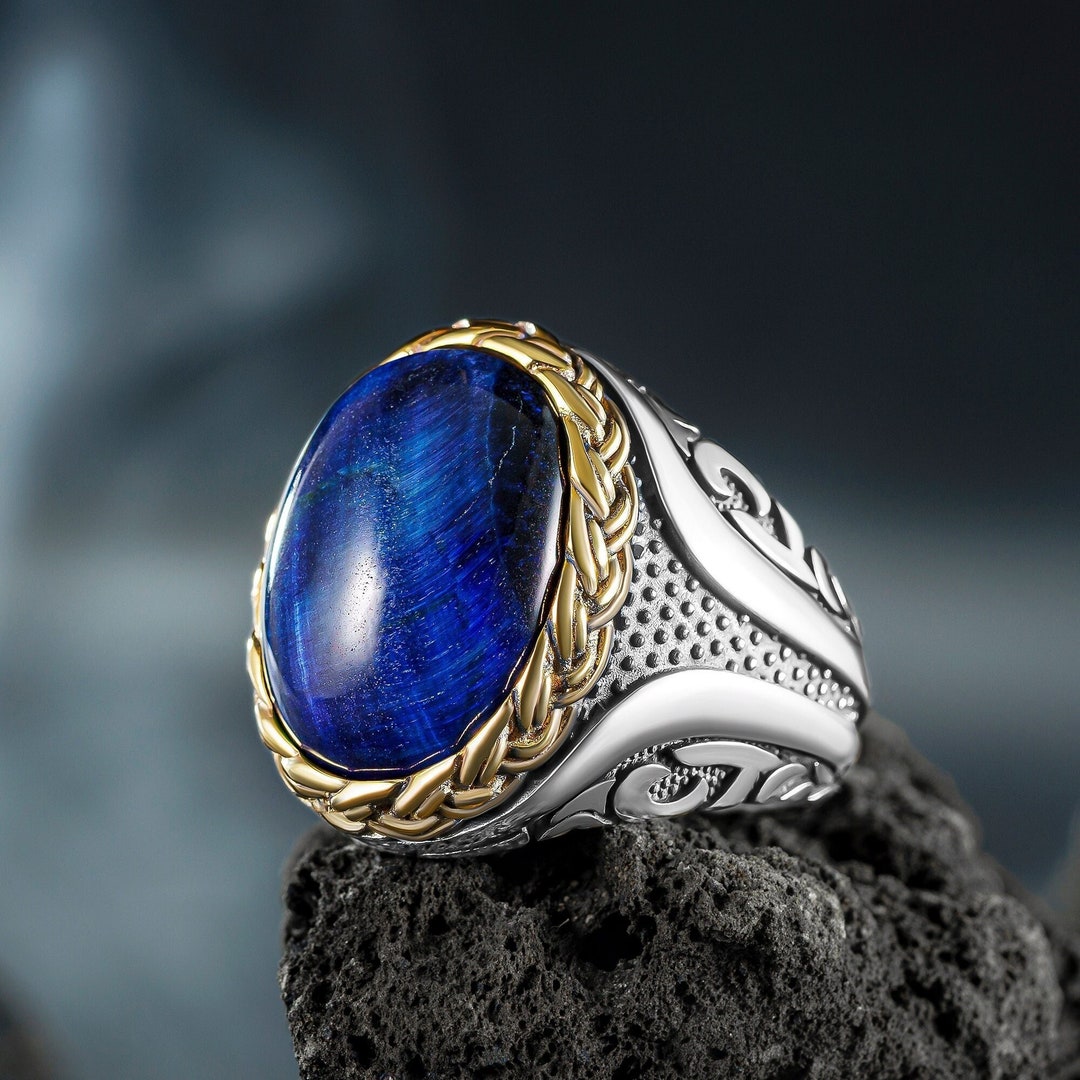 Blue Tiger Eye Gemstone Mens Ring, 925 Sterling Silver Men Ring, Men ...