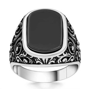 Baroque Patterned Silver Men's Ring, Black Onyx Gemstone Ring, 925 ...