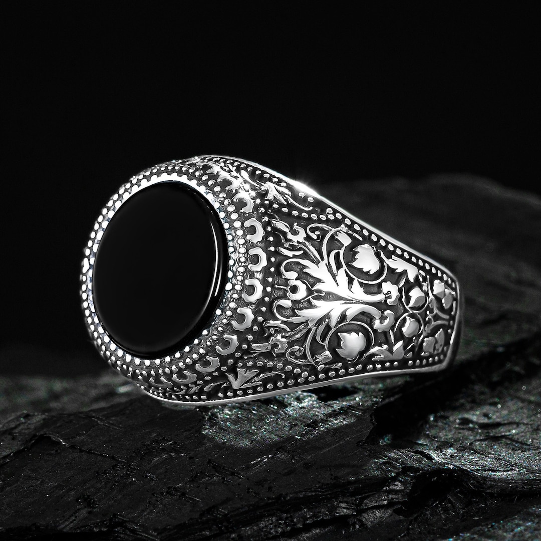Baroque Patterned Silver Men Ring, Black Onyx Stone Silver Ring ...