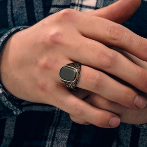 Baroque Patterned Silver Men's Ring, Black Onyx Gemstone Ring, 925 ...