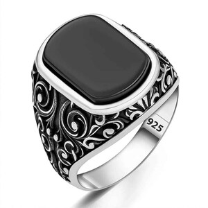Baroque Patterned Silver Men's Ring, Black Onyx Gemstone Ring, 925 ...