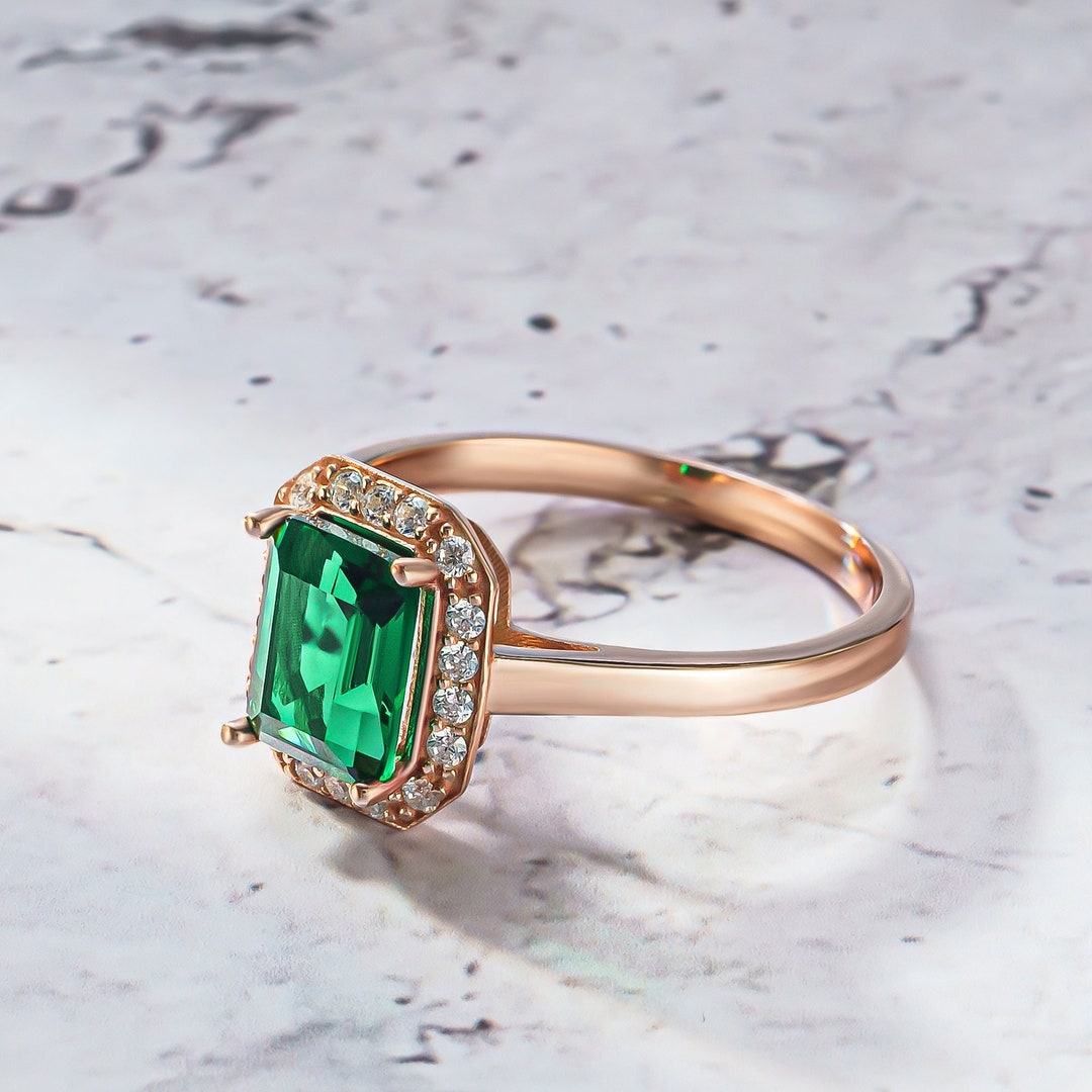 Green Octagon Gemstone Ring, Rose Gold Plated Sterling Silver Ring, 925 ...