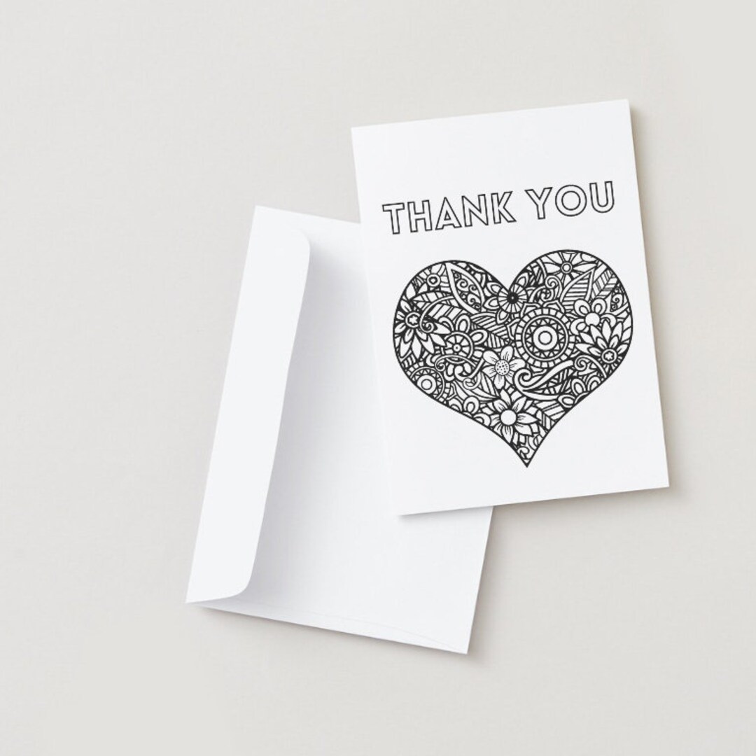 Thank You Coloring Card | Printable Coloring Card | Heart Mandala Card ...
