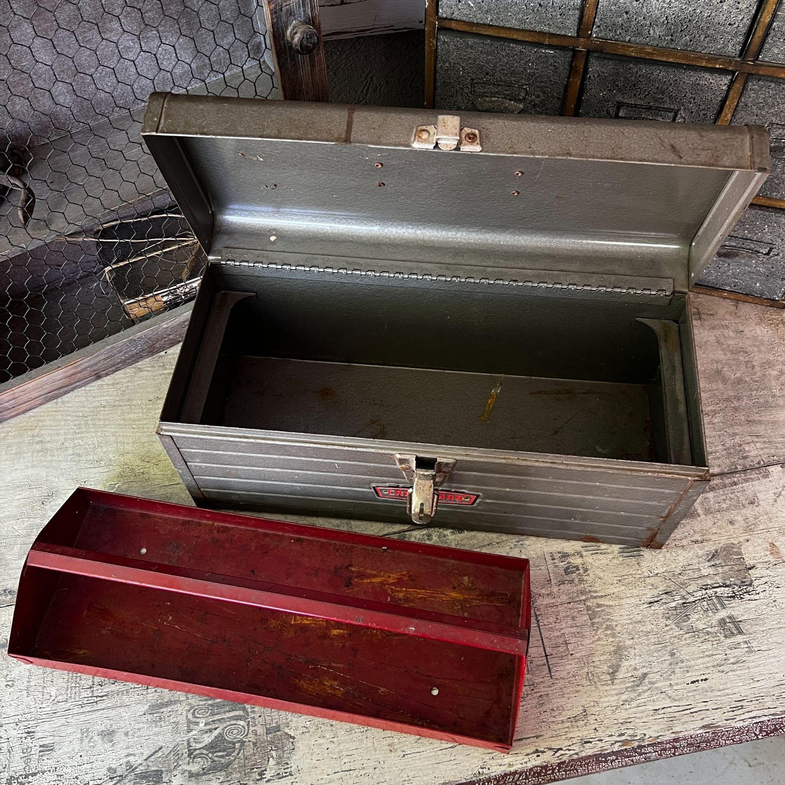 Vintage Grey Sears Craftsman Toolbox - Rusty Patina - Red Insert - Etsy