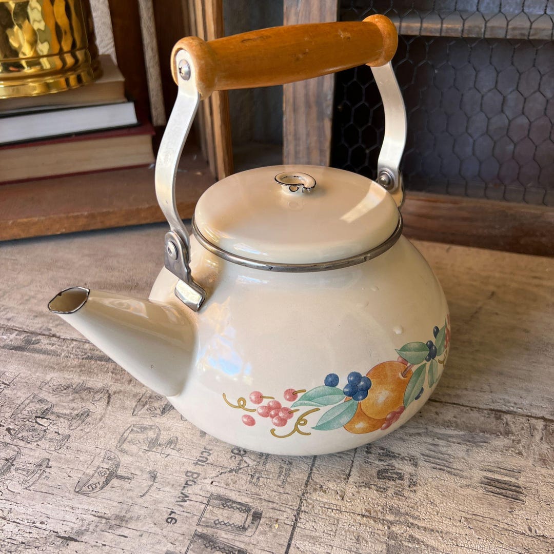 Vintage Enamel Kettle With Wooden Handle & Fruit Design - Etsy
