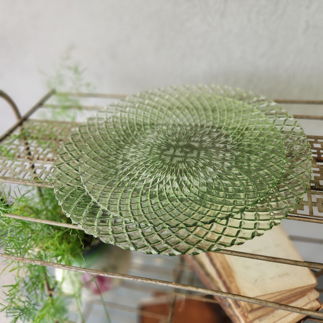 Pair of Vintage Green Glass Plates Diamond Pattern, Unique Dinnerware ...