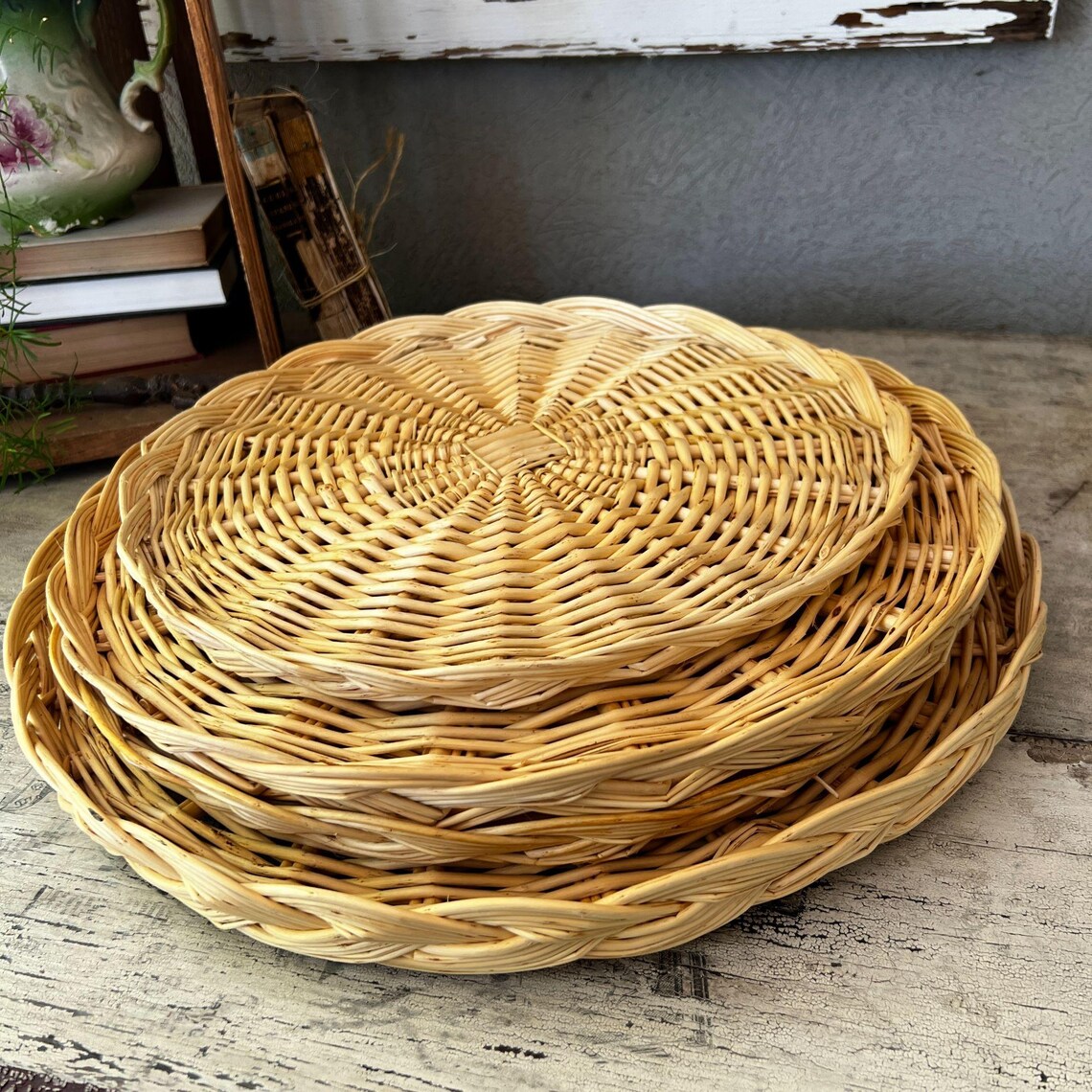 Set of 5 Vintage Wicker Round Trays Boho Home Decor 14, 16, and 18 ...