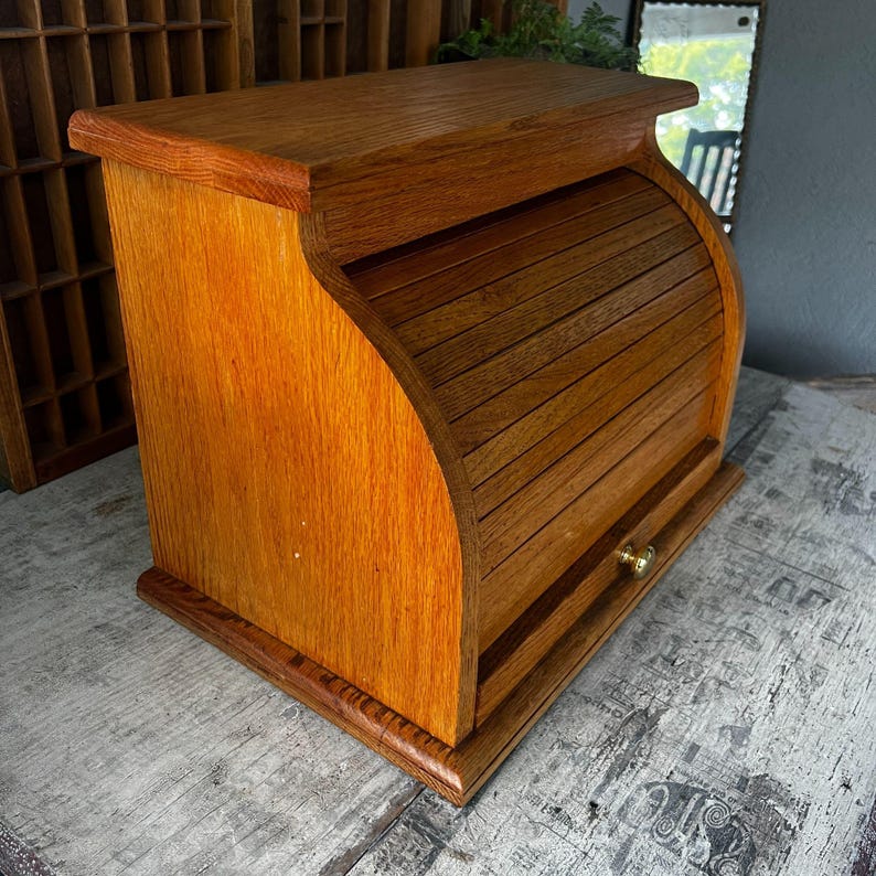 Vintage Wooden Roll Top Bread Box With Drawer & Brass Knob - Etsy