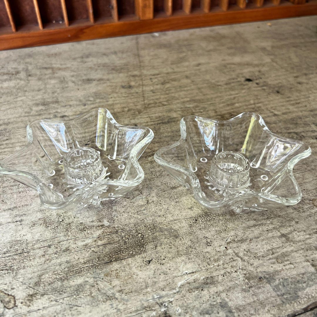 Pair of Vintage Star-shaped Clear Glass Candle Holders Elegant Design ...